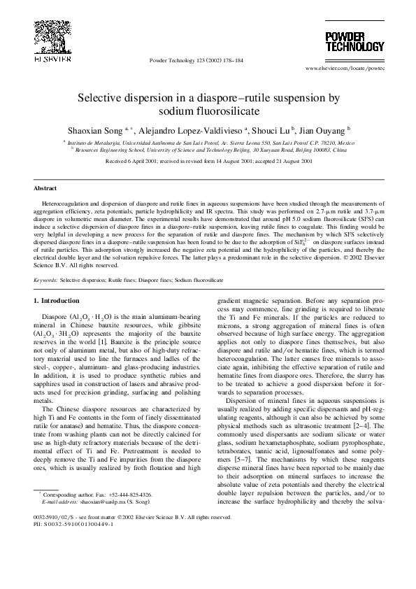 (PDF) Selective dispersion in a diaspore–rutile suspension by sodium ...