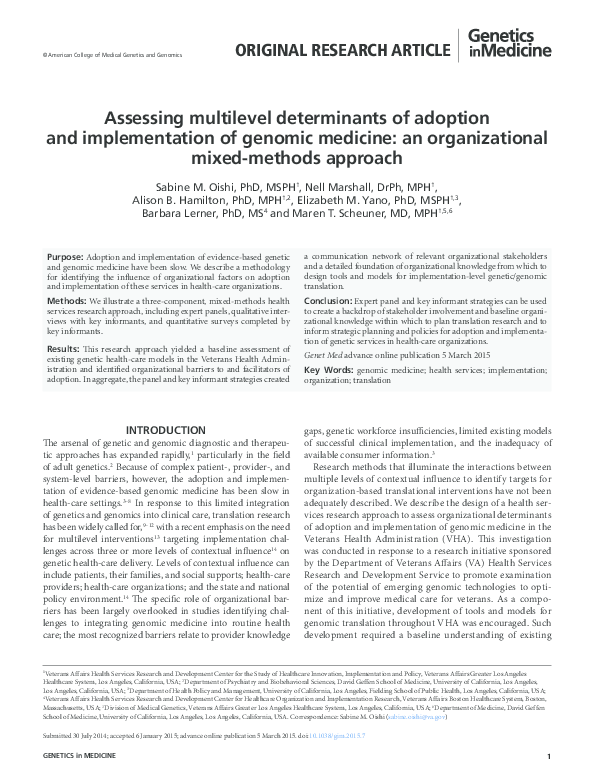 (PDF) Assessing multilevel determinants of adoption and implementation of genomic medicine: an ...
