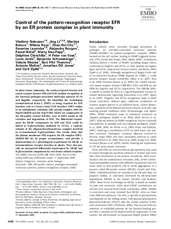 (PDF) Control of the pattern-recognition receptor EFR by an ER protein complex in plant immunity