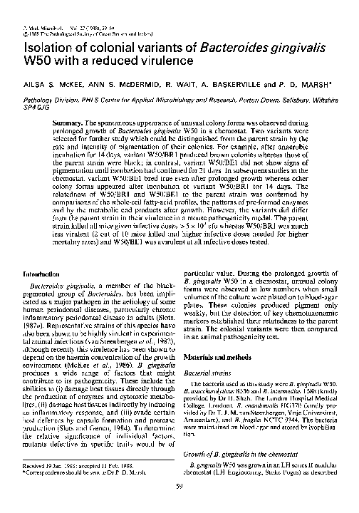 (PDF) Isolation of colonial variants of Bacteroides gingivalis W50 with ...