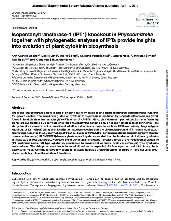(PDF) Isopentenyltransferase-1 (IPT1) knockout in Physcomitrella together with phylogenetic ...