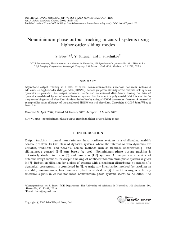 Pdf Nonminimum Phase Output Tracking In Causal Systems Using Higher Order Sliding Modes