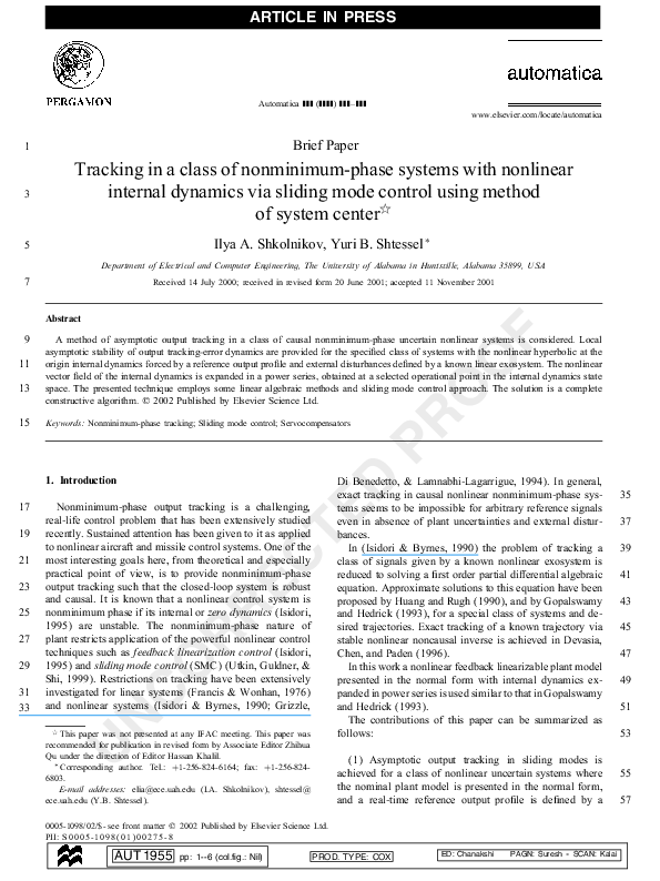 (PDF) Tracking in a class of nonminimum-phase systems with nonlinear internal dynamics via ...