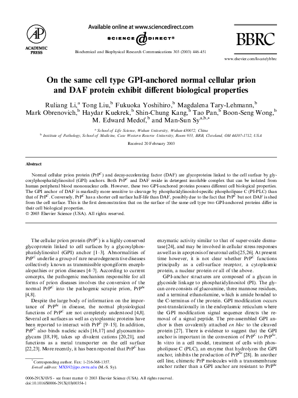 (PDF) On the same cell type GPI-anchored normal cellular prion and DAF ...