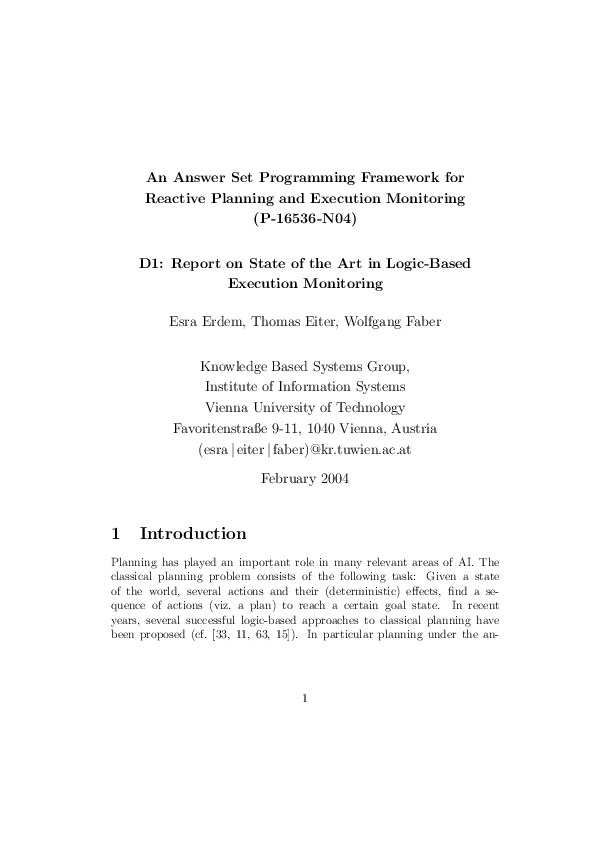 (PDF) An Answer Set Programming Framework for Reactive Planning and Execution Monitoring