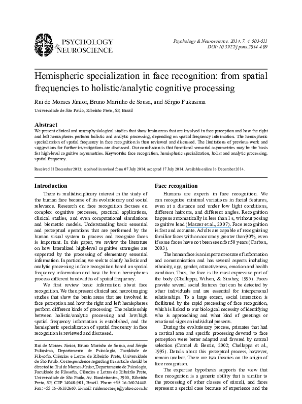 (PDF) Hemispheric specialization in face recognition: from spatial frequencies to holistic ...