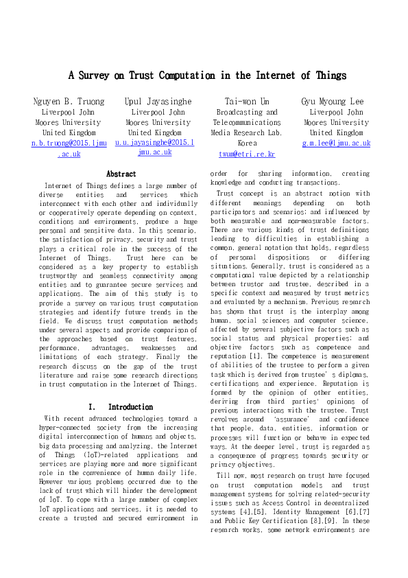 Pdf A Survey On Trust Computation In The Internet Of Things