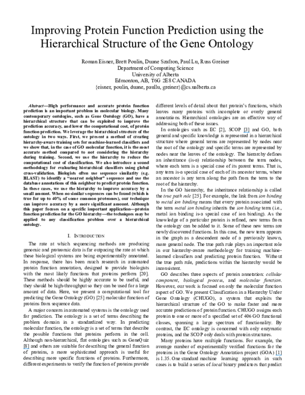 Pdf Improving Protein Function Prediction Using The Hierarchical Structure Of The Gene Ontology