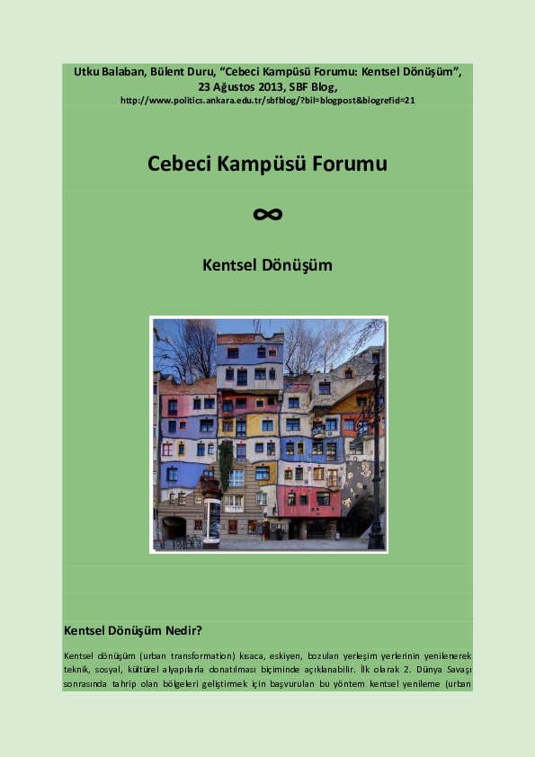 (PDF) Utku Balaban, Bülent Duru, “Cebeci Kampüsü Forumu: Kentsel Dönüşüm”
