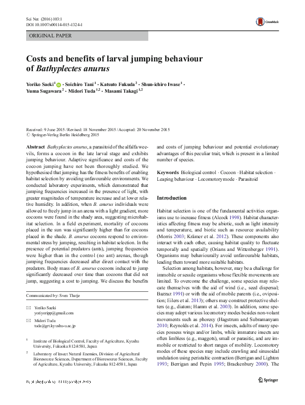 (PDF) Costs and benefits of larval jumping behaviour of Bathyplectes anurus