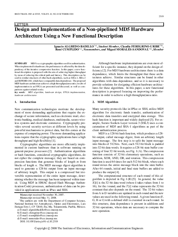 (PDF) Design and Implementation of a Non-pipelined MD5 Hardware ...