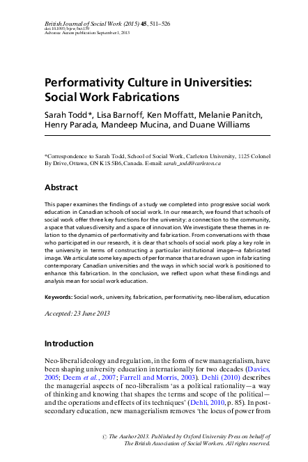 (PDF) Performativity Culture in Universities: Social Work Fabrications ...