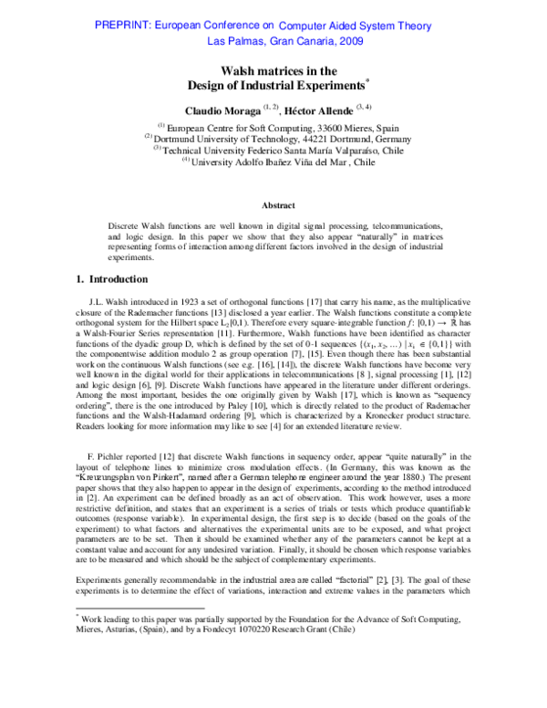 (PDF) Walsh Matrices in the Design of Industrial Experiments