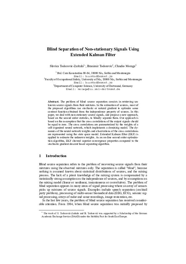 (PDF) Blind separation of non-stationary signals using extended Kalman filter