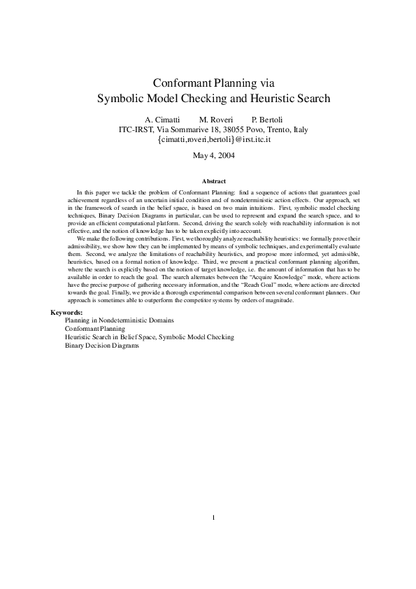 Pdf Conformant Planning Via Symbolic Model Checking And Heuristic Search