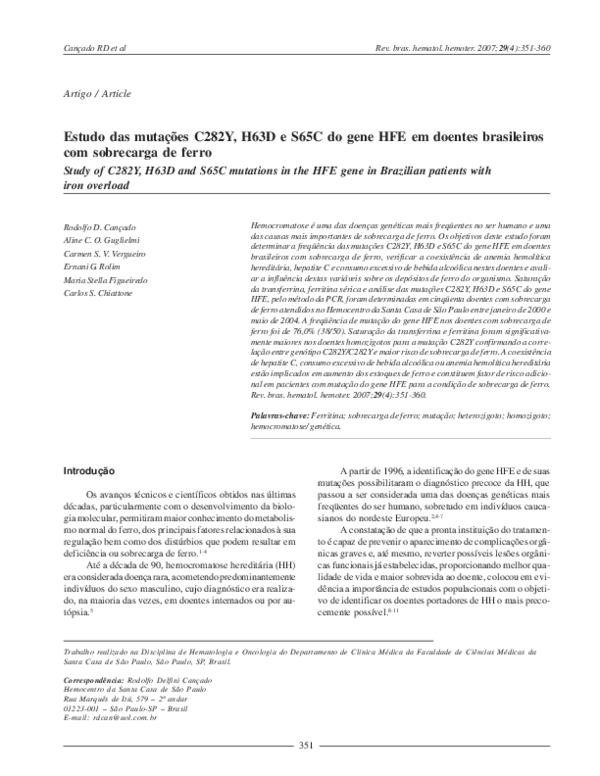 (PDF) Estudo das mutações C282Y, H63D e S65C do gene HFE em doentes ...