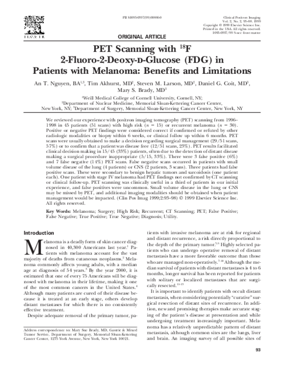(PDF) PET Scanning with 18F 2-Fluoro-2-Deoxy-?-Glucose (FDG) in Patients with Melanoma Benefits ...