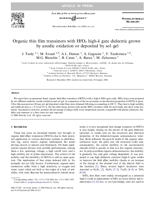 (PDF) Organic thin film transistors with HfO2 high-k gate dielectric grown by anodic oxidation ...