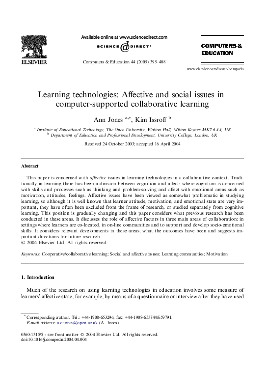 Pdf Learning Technologies Affective And Social Issues In Computer Supported Collaborative