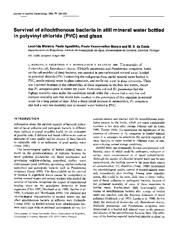 (PDF) Survival of allochthonous bacteria in still mineral water bottled in polyvinyl chloride ...