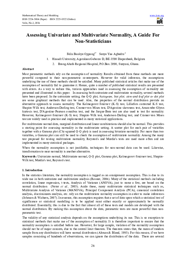 (PDF) Assessing Univariate and Multivariate Normality, A Guide For Non-Statisticians
