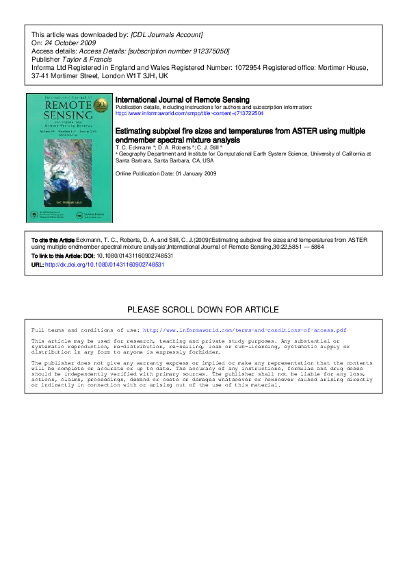 (PDF) Estimating subpixel fire sizes and temperatures from ASTER using multiple endmember ...