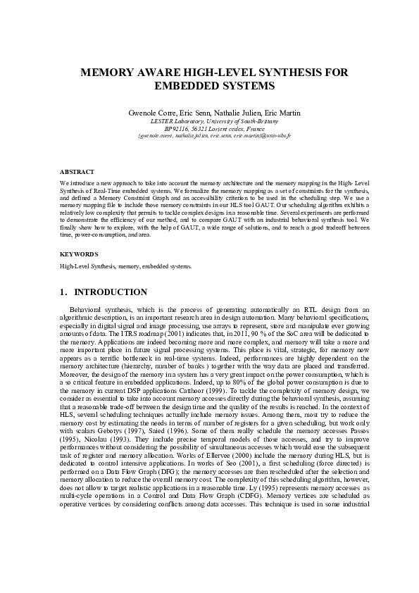 Pdf Memory Aware High Level Synthesis For Embedded Systems
