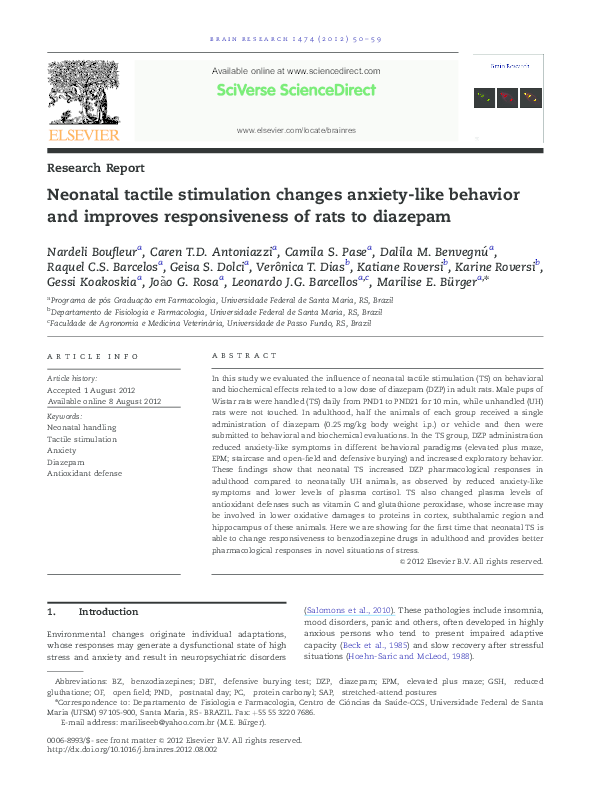 (PDF) Neonatal tactile stimulation changes anxiety-like behavior and ...