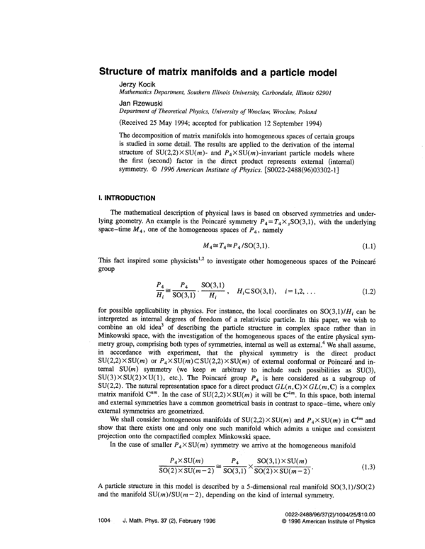 (PDF) Structure of matrix manifolds and a particle model