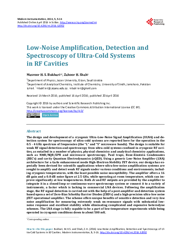 (PDF) Low-Noise Amplification, Detection and Spectroscopy of Ultra-Cold Systems in RF Cavities
