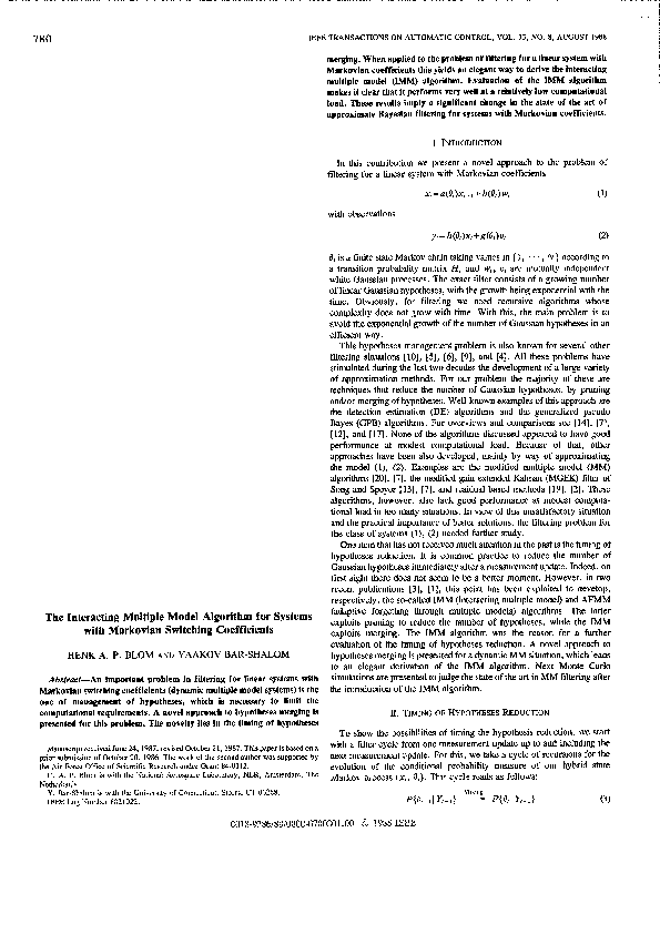 Pdf The Interacting Multiple Model Algorithm For Systems With Markovian Switching Coefficients