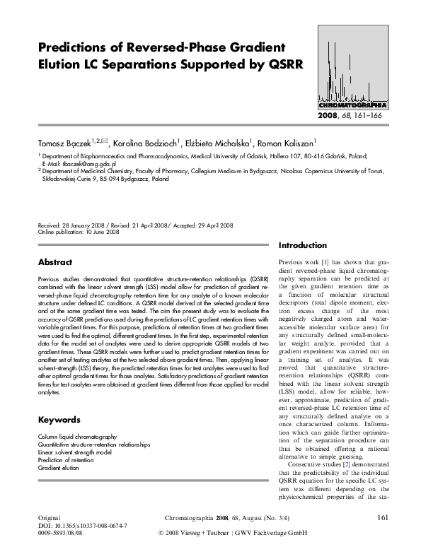Pdf Predictions Of Reversed Phase Gradient Elution Lc Separations Supported By Qsrr