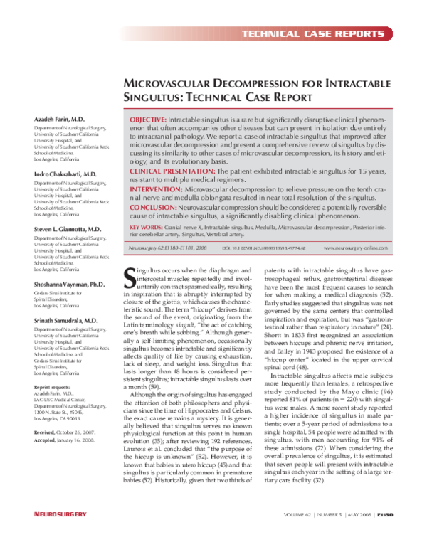(PDF) Microvascular Decompression for Intractable Singultus