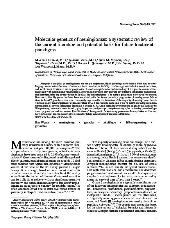 (PDF) Molecular genetics of meningiomas: a systematic review of the ...