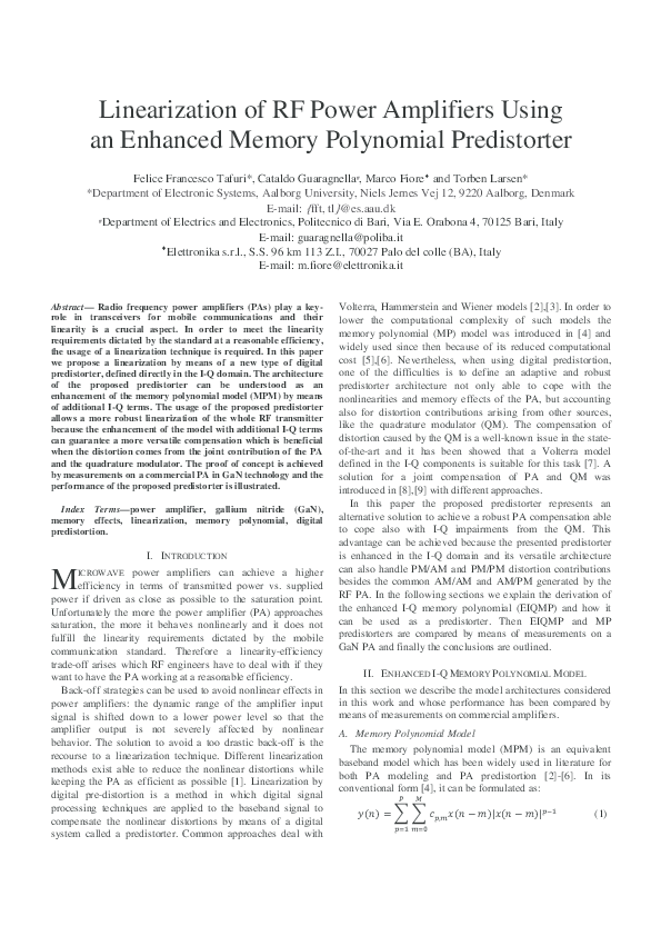 (PDF) Linearization of RF power amplifiers using an enhanced memory polynomial predistorter