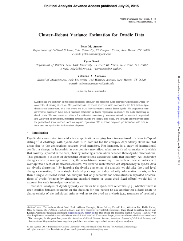 Pdf Cluster Robust Variance Estimation For Dyadic Data Valentina A