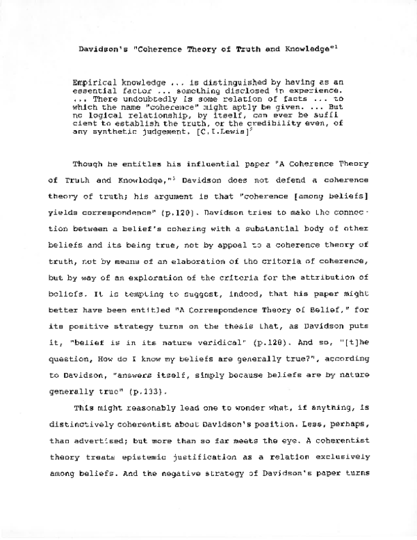 (PDF) Davidson's "Coherence Theory of Truth and Knowledge" (1999)