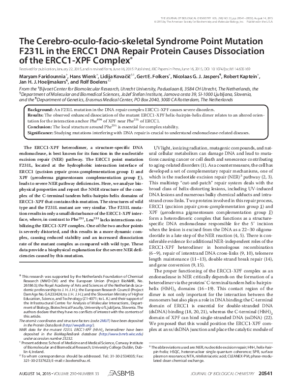 (PDF) The Cerebro-Oculo-Facio-Skeletal (COFS) Syndrome point mutation ...