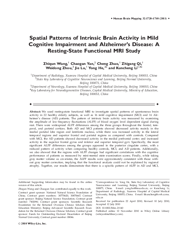 (PDF) Spatial patterns of intrinsic brain activity in mild cognitive impairment and alzheimer's ...