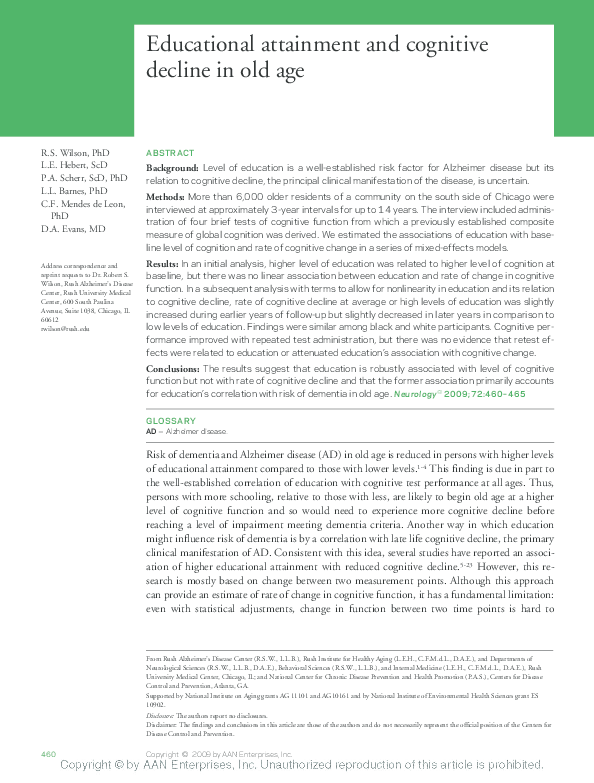 (PDF) Educational attainment and cognitive decline in old age