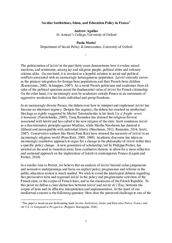 (PDF) Secular Institutions, Islam, and Education Policy