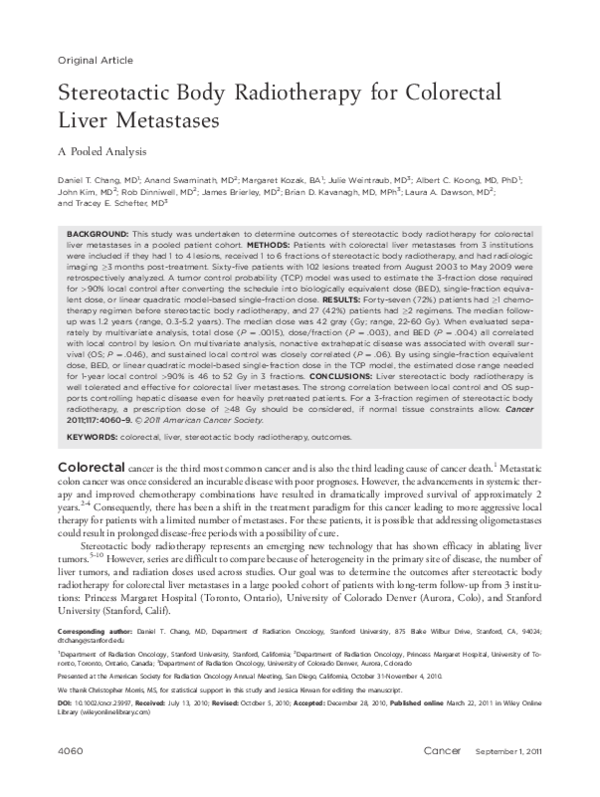 (PDF) Systematic review Stereotactic body radiotherapy for colorectal cancer liver metastases: A ...