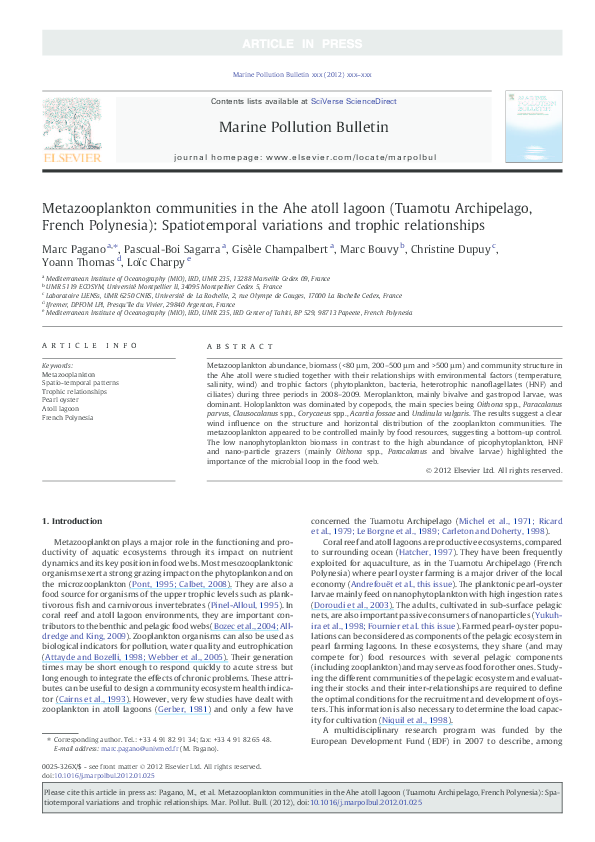 (PDF) Metazooplankton communities in the Ahe atoll lagoon (Tuamotu ...