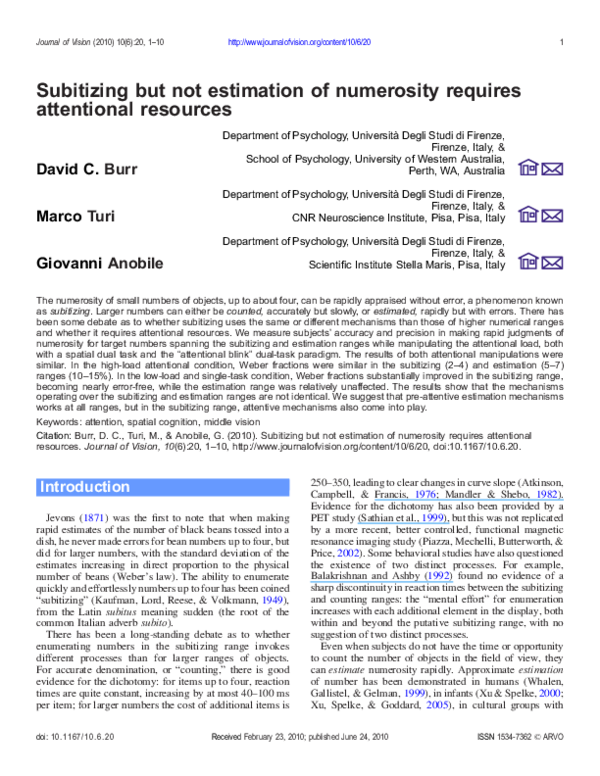 (PDF) Subitizing but not estimation of numerosity requires attentional resources