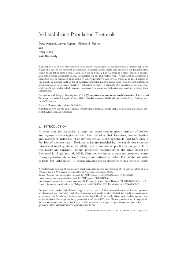 (PDF) Self-stabilizing Population Protocols | James Aspnes - Academia.edu
