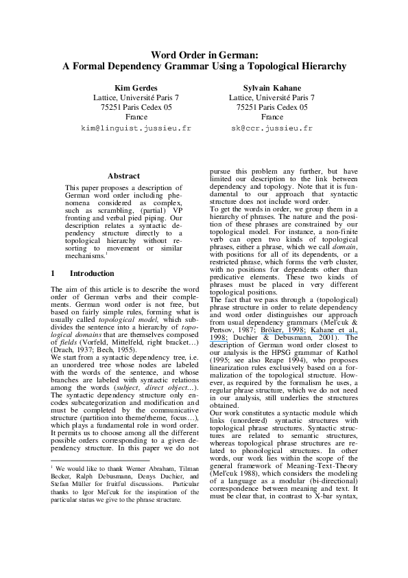 (PDF) Word order in German