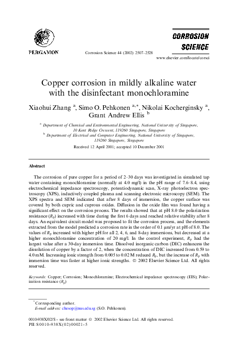 (PDF) Copper corrosion in mildly alkaline water with the disinfectant ...