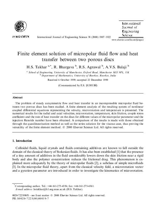 (PDF) Finite element solution of micropolar fluid flow and heat transfer between two porous discs
