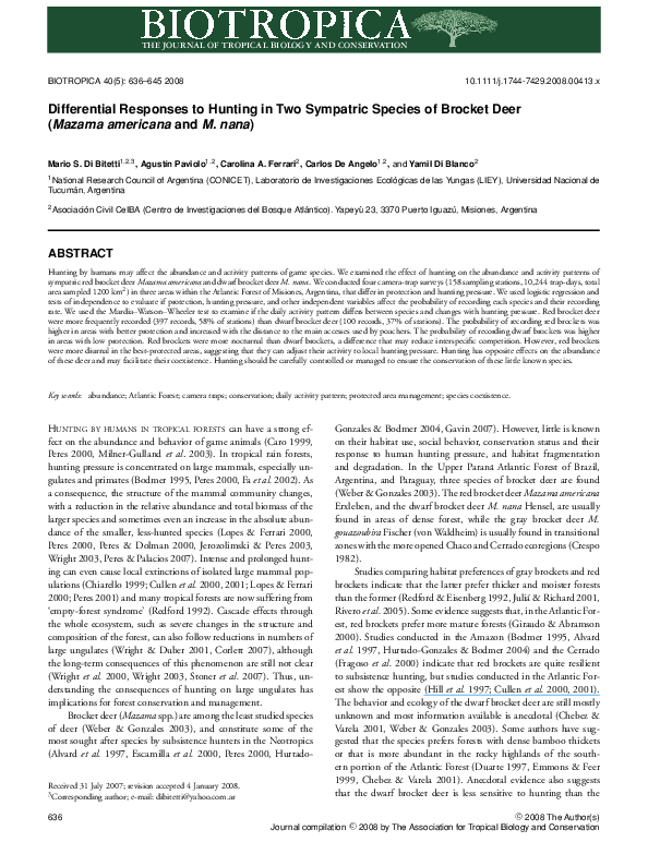 (PDF) Differential Responses to Hunting in Two Sympatric Species of ...