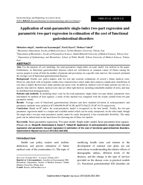 Pdf Application Of Semi Parametric Single Index Two Part Regression And Parametric Two Part